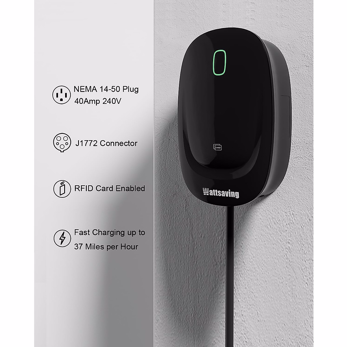 Wattsaving Level 2 EV Charger - 240 Volt up to 40 Amp Electric Vehicle Charging Station with NEMA 14-50 Plug and 24.6 Ft Cable, Black
