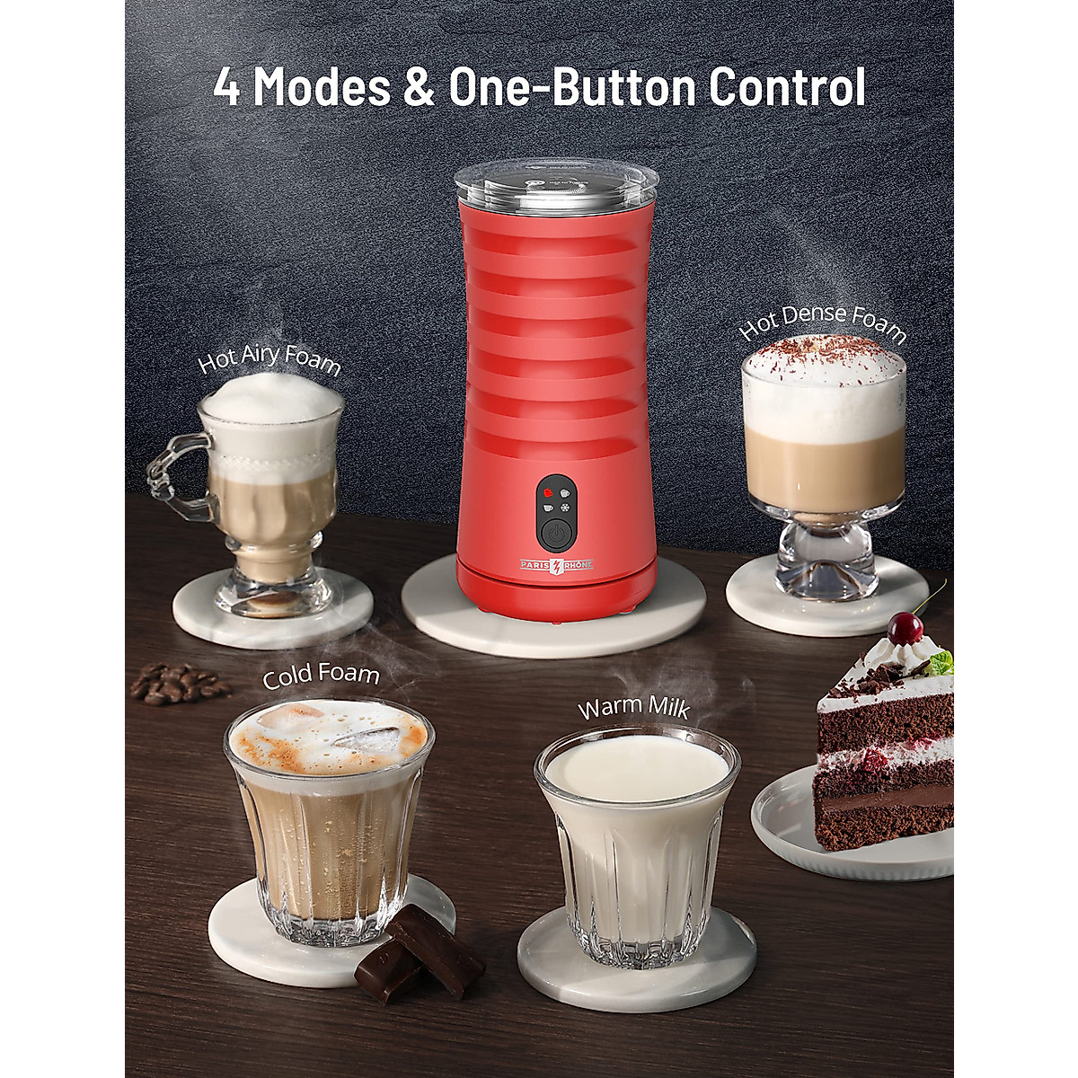 Paris Rhône Milk Frother, 4-in-1 Milk Steamer and Frother, Hot & Cold Foam Milk Warmer with Temperature Control, Auto Shut-Off Frother for Coffee, Latte, Cappuccino, Macchiato