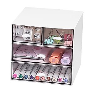 Comix Desk Organizer with Drawer, Desk Storage Box with 4 drawers, Plastic Office Stationery Supplies Organizers, Desktop Organizer for Office School Home (White)