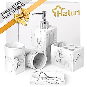 Haturi Bathroom Accessories Set, 5 Pcs Marble Look Bathroom Sets Soap Dispenser & Toothbrush Holder Set, Counter Top Restroom Apartment Decor Stuff, Resin Kits, Gift for Women and Men, Ink White