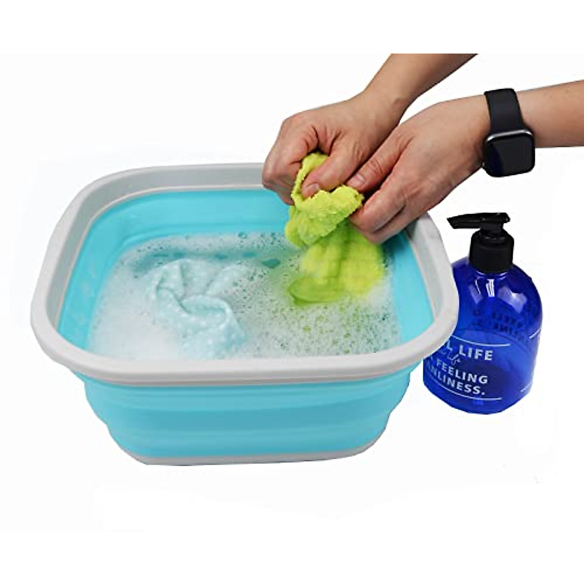 SAMMART 5.5L (1.4 Gallons) Collapsible Tub - Foldable Dish Tub - Portable Washing Basin - Space Saving Plastic Washtub (Grey/Cyanine, 1)