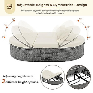 EOVTK Outdoor Rattan Daybed, Multifunctional 2-Person Sun Bed with Cushions and Pillows, Wicker Reclining Chaise Lounge with Adjustable Backrests and Foldable Cup Trays for Lawn, Poolside, Beige