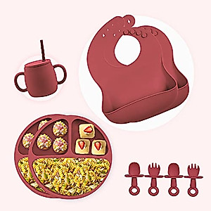 Baby Feeding Supplies - Led Weaning Silicone Baby Feeding Set, Baby Plates with Suction, Toddler Sippy Cups, First Stage Self Feeding Utensils Dishes Set with Bibs, Baby Spoons and Forks, 9 Pieces