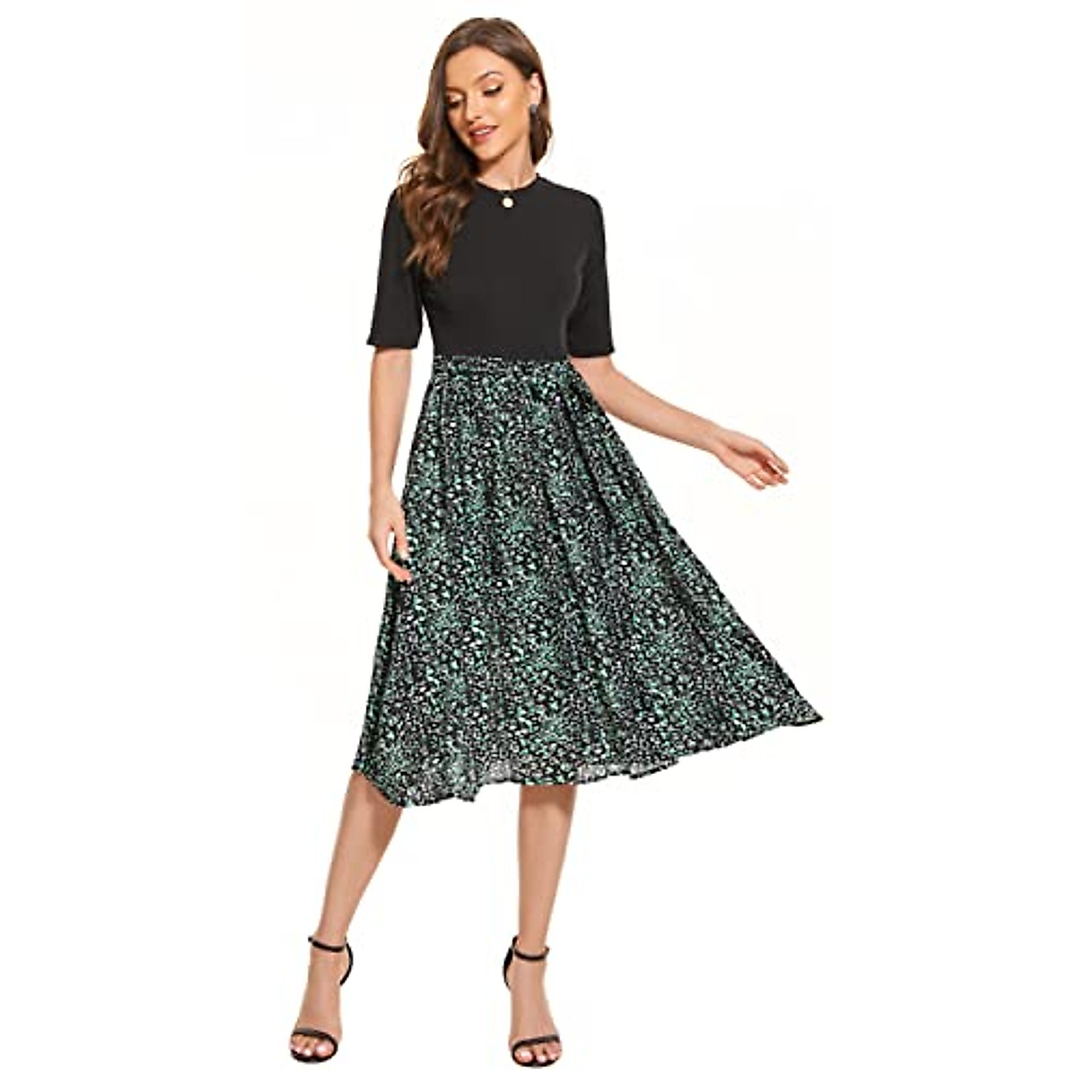 CISMARK Womens Half Sleeve Ribbed Midi Dress Modest Casual Work Dress with Pockets Black Print XL