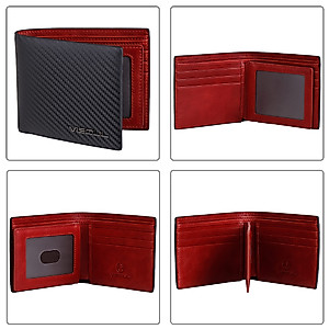 VISOUL Men's Leather RFID Blocking Wallet Extra Capacity, Bifold Security Wallet for men with 2 ID Windows 8 Card Slots 2 Cash Compartments (Black+Burgundy)