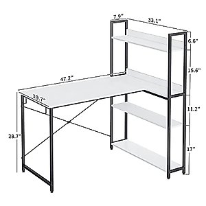 CubiCubi Computer Corner Desk with Storage Shelves, 47 Inch Small L Shaped Computer Desk, Home Office Writing Desk with 2 Hooks, White