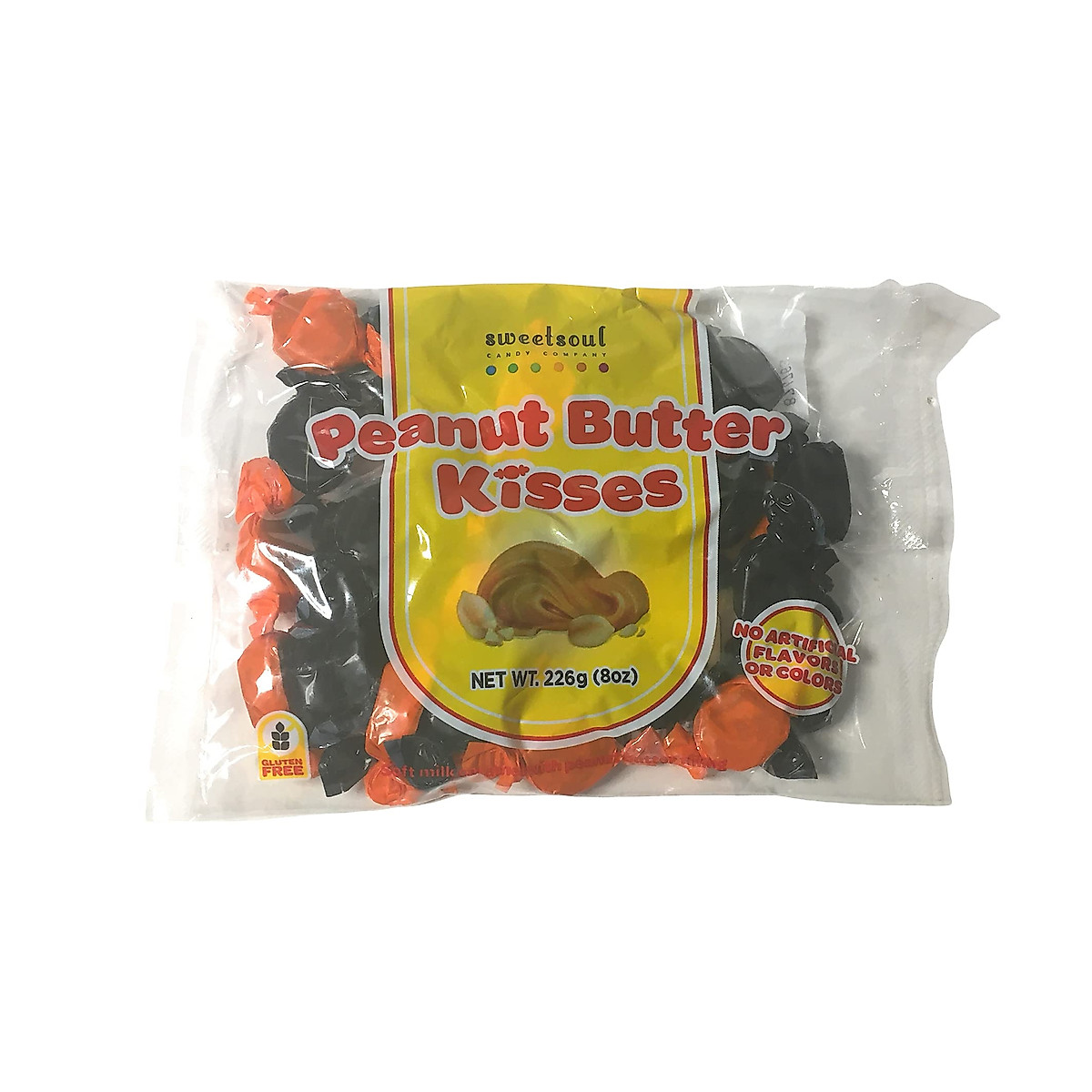 (1) 8 oz Bag Sweetsoul Candy Company Peanut Butter Kisses (Individually Orange and Black Wrapped Halloween Candy) Gluten Free