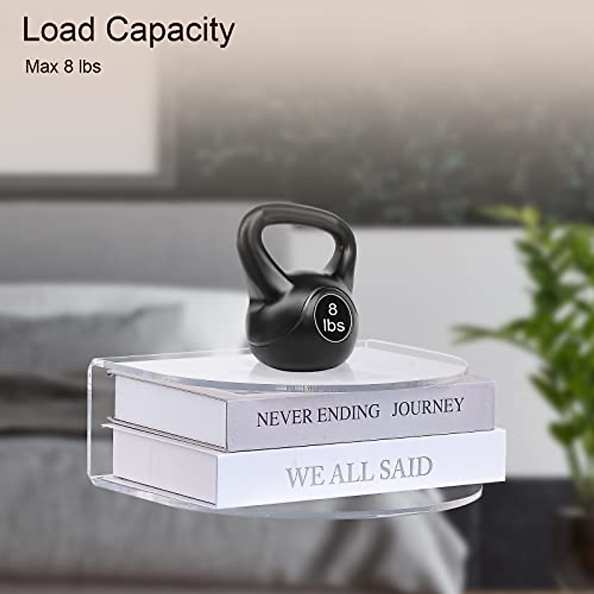 HMYHUM Acrylic Floating Nightstand Set of 2, Wall Mounted Bedside Table for Bedroom, Hanging, 8 lbs Load, 10.5" L x 10 "W x 4" H, Clear