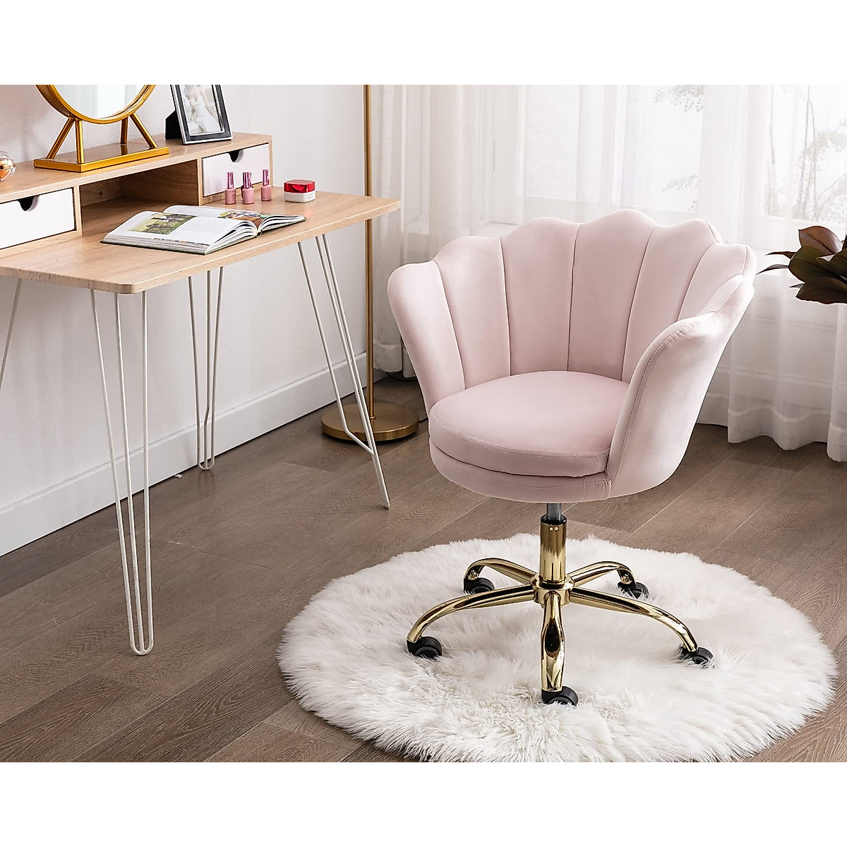 CIMOTA Desk Chair Velvet Cute Adjustable Vanity Chair Modern Home Office Chair Scalloped Task Chair with Wheels for Teens Adults Bedroom/Study/Make Up/Computer Room, Light Pink