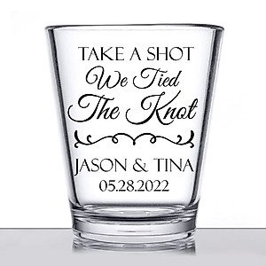 Personalized wedding shot glasses, take a shot we tied the knot, cute customizable wedding favors for guests, custom shot glasses, personalized wedding favors, wedding glasses