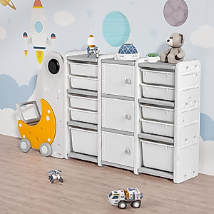 duke baby Kids 3 Layer Toy Storage Organizer with 10 Storage Bins, 3 Toy Cabinets with Doors, Display Bookshelves and Toy Cart for Kids Playroom Bedrooms Age 1-12, Space Collection Large