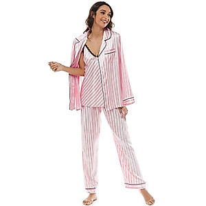 Escalier Womens 5pcs Silk Satin Pajama Set Cami Pjs Sleepwear Button Down Pj Sets Loungewear Pink
