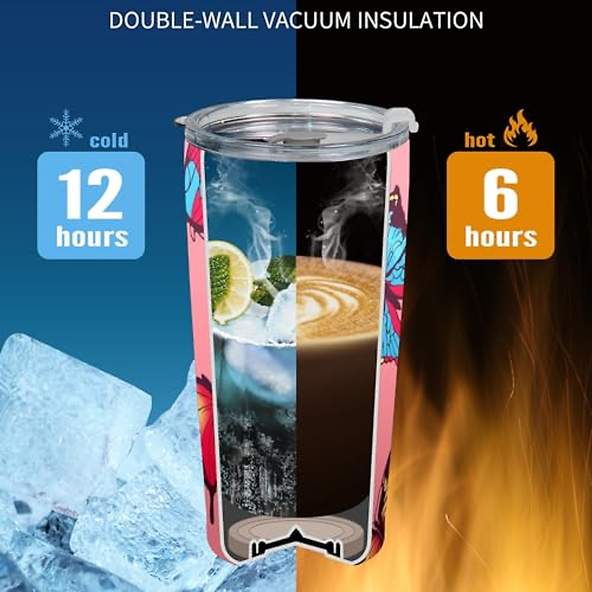 QWEUIOP 20oz Insulated Travel Coffee Mug Retro Butterfly Stainless Steel Tumbler with Lid Double Wall Vacuum Coffee Cup For Hot and Cold Drinks14055