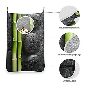 Poeticcity Black Zen Basalt Stones with Dew Green Bamboo on Dark Hanging Laundry Hamper Bag, Dirty Clothes Bag Over The Door, Wall Cloth Basket with Hooks Storage Closet for Bathroom Bedroom