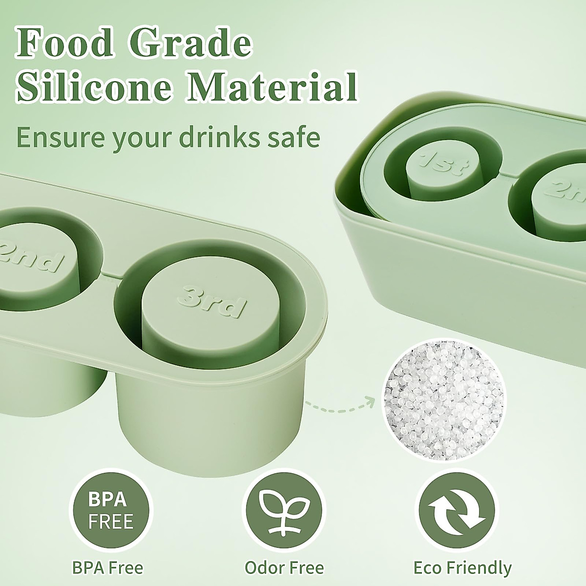 Likiyol Ice Cube Tray for Stanley Cup, Silicone Ice Cube Tray with Lid and Bin for Freezer, 3 Hollow Large Cylinder Tumbler Ice Cube Mold for Drink, Juice, Cocktail, Whiskey, 20Oz/30Oz/40Oz, Green