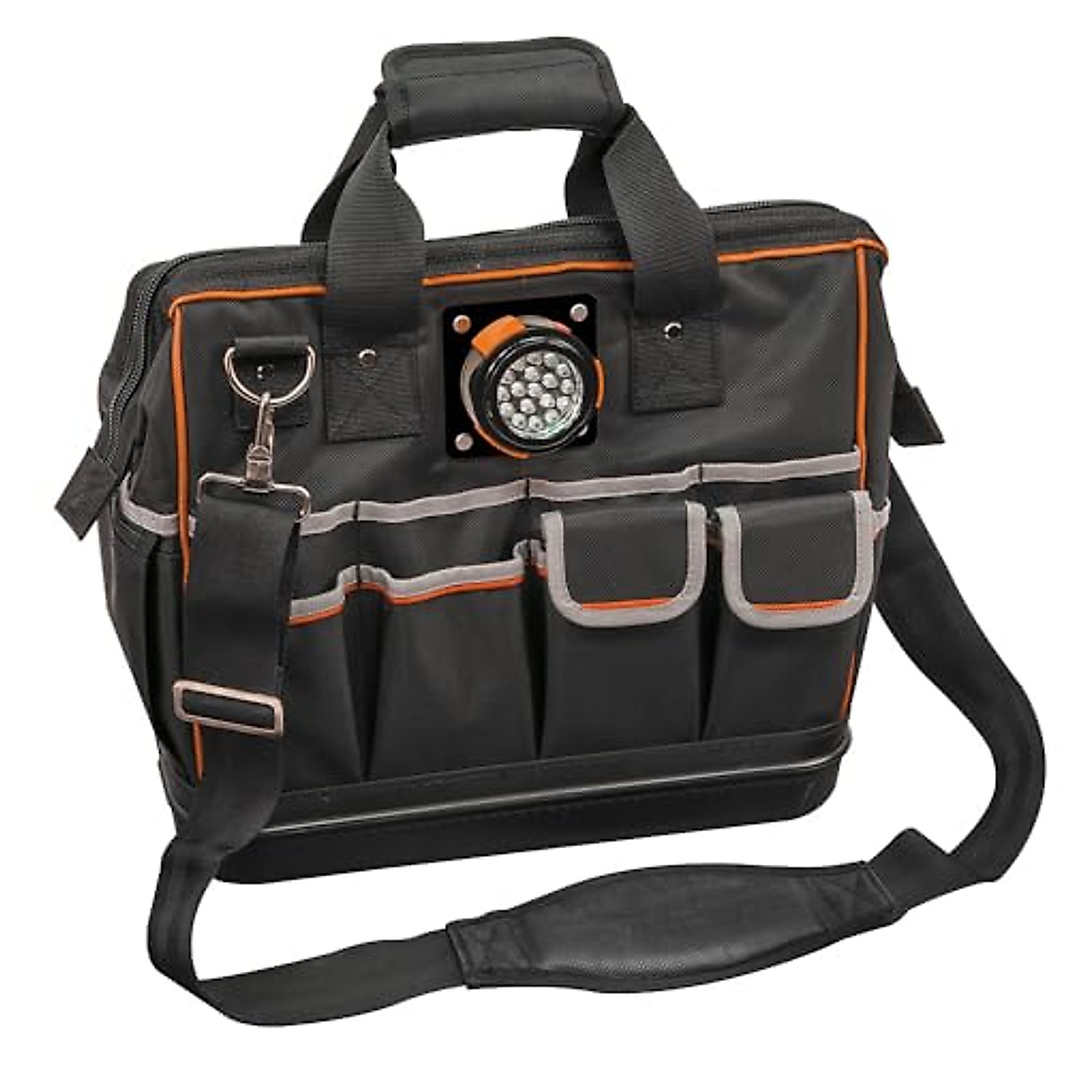 Klein Tools 55431 Tool Bag with Molded Bottom, Padded Shoulder Strap and Lighted Tool Storage with 31 Pockets