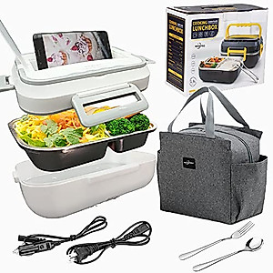 NICEPRO Heated Bento Box Electric Lunch Box Portable Food Warmer Heating Lunch Box Lunch Heater for Car&work Leak Proof 12V 24V110V 3 Grid Plate Removable Container for Adults with Carry Bag (White)