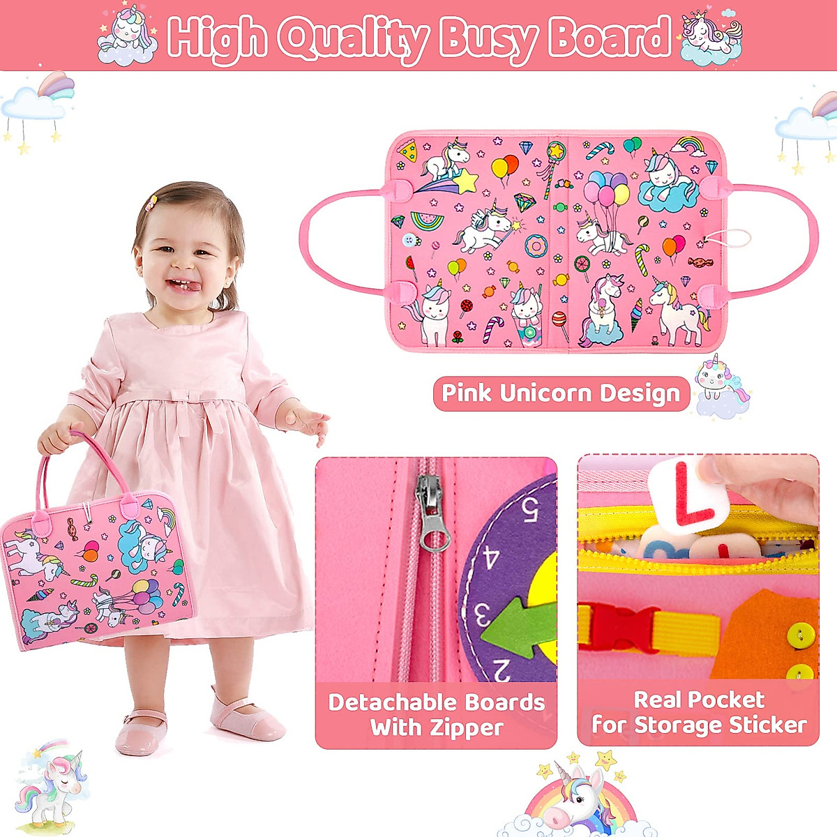 SPLAKS Toddler Busy Board with DIY Page, 20 in 1 Montessori Toys Sensory Activity Toys Preschool Educational Toys to Learn Basic Skills, for Airplane Car Travel (Pink)