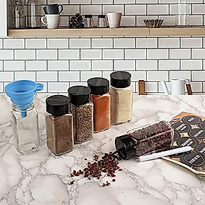 TAKETAO, 12pcs Glass Spice Jars,4oz Empty Square Glass Bottles Spice Containers with Black Caps,168 Waterproof Spice Labels,1pcs Silicone Collapsible ​Funnel Test Tube Brush Chalk Marker (12)