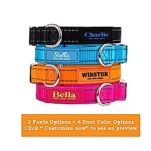 PAWBLEFY Personalized Dog Collars - Reflective Nylon Collar Customized with Name and Phone Number - Adjustable Sizes for Small Dogs, Medium, and Large - 4 Colors for Male Female boy Girl Puppies