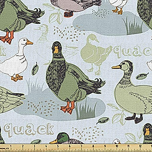 Lunarable Geese Fabric by The Yard, Ducks Fowl on The Farm with Greenery Leaves Etching Illustration Design Print, Decorative Fabric for Upholstery and Home Accents, 1 Yard, Olive Green