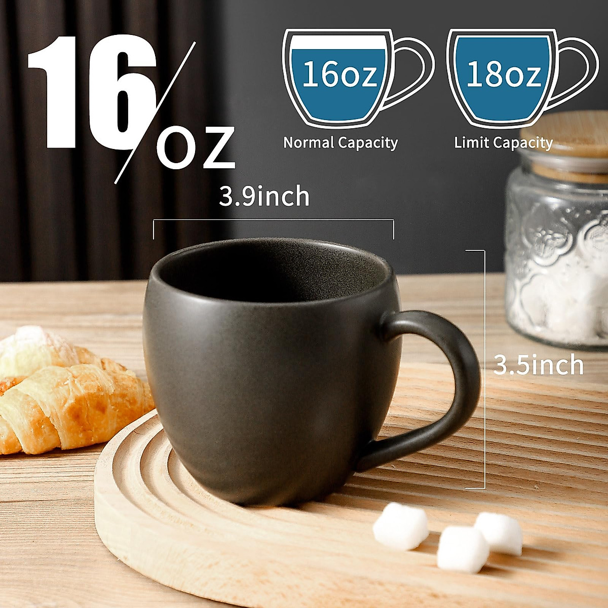 Tikooere Coffee Mugs Set of 4, Ceramic 16 oz Coffee Cups for Tea, Milk, Cereal, Cappuccino, Porcelain Latte Cups with Large Handle, Stoneware Coffee Mugs for Christmas Housewarming Gifts, Black