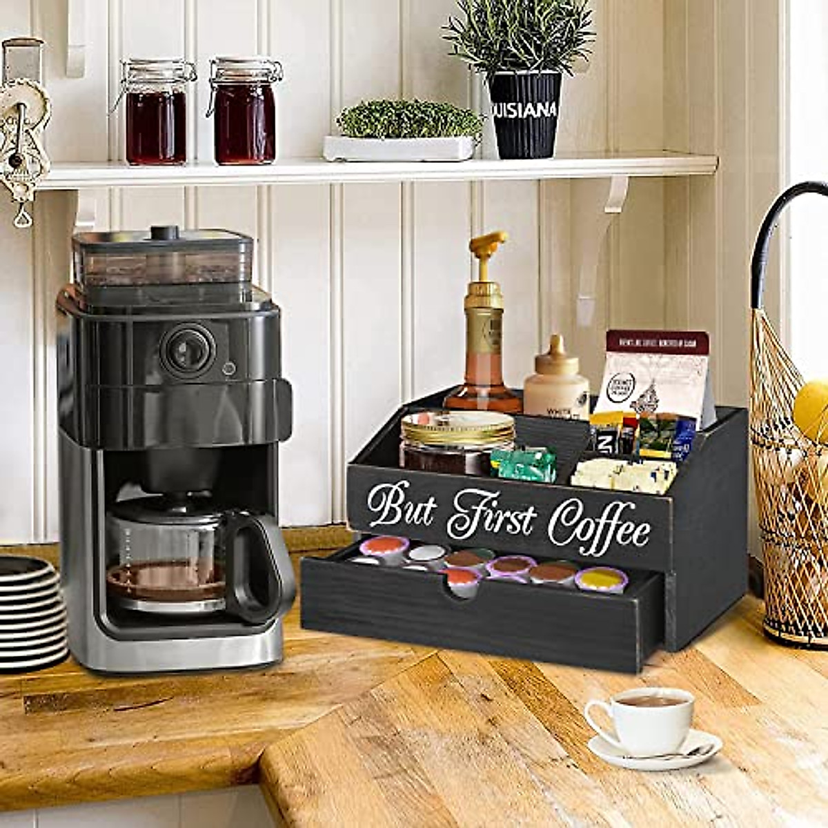 Coffee Station Organizer, Wood K Cup Coffee Pods Holder with Drawer, Countertop Coffee Bar Accessories Tea Bag Organizer, Coffee Bar Condiment Organizer for Coffee Bar Decor, Coffee Lovers Gift