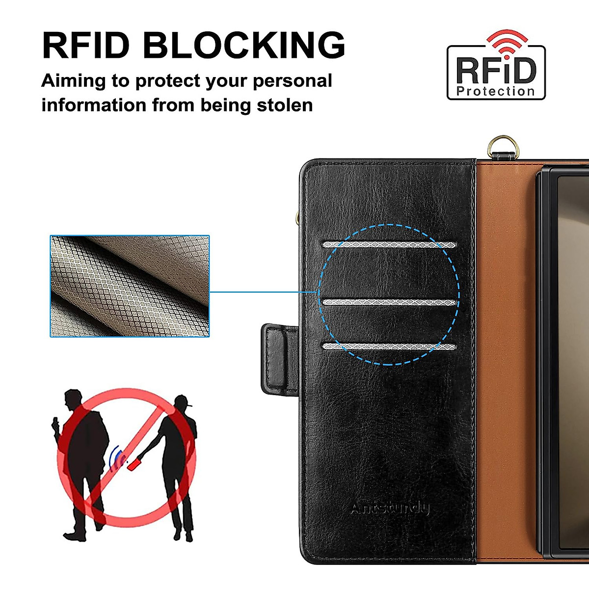 Antsturdy for Samsung Galaxy Z Fold 5 case Wallet Women with 【S Pen Holder】,Galaxy Z Fold 5 Phone case with Card Holder Strap PU Leather RFID Blocking Flip Folio Cover Credit Slots Men,Black