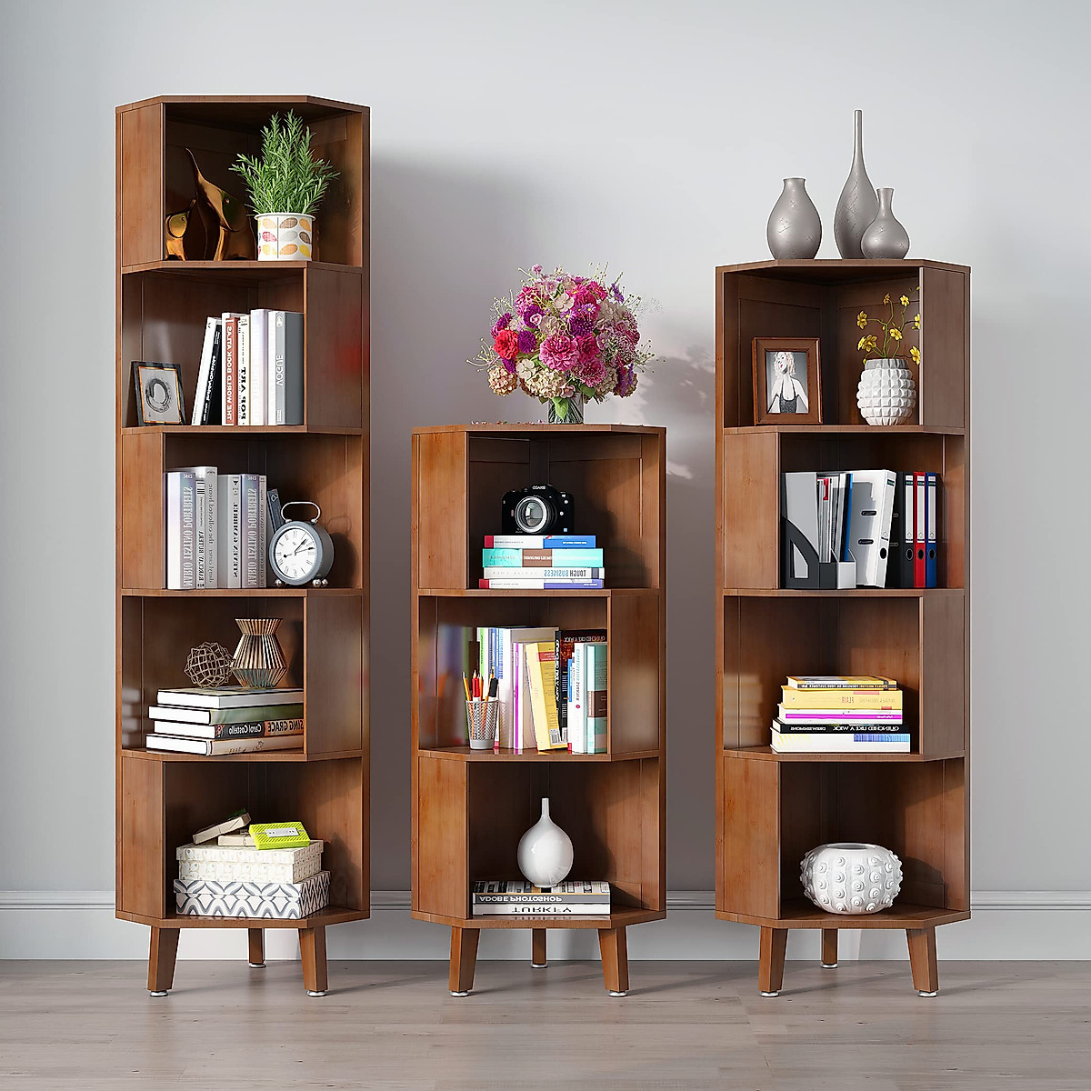 WILK 4-Tier Cube Corner Bookshelf Bamboo Corner Bookcase, Brown, 2.8(L) x 14.5(W) x 54(H)