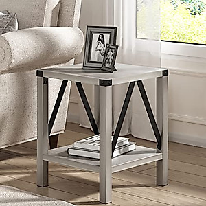 Treocho Farmhouse End Side Table, Rustic Vintage Nightstand with Shelf for Living Room, Bedroom, Antique White