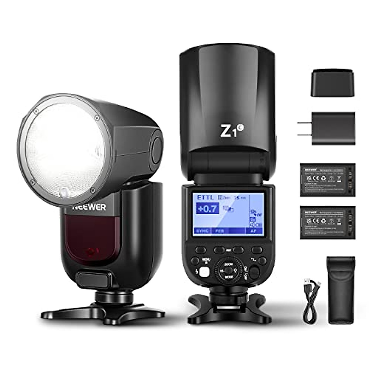 NEEWER Z1-C TTL Round Head Speedlite Flash Kit Compatible with Canon, 76Ws 2.4G 1/8000s HSS Flash with Modeling Lamp, Two 2600mAh Lithium Battery and USB Charger, 480 Full Power Shots, 1.5s Recycling