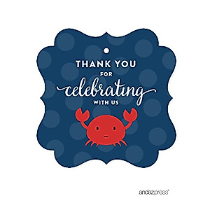 Andaz Press Birthday Fancy Frame Gift Tags, Thank You for Celebrating with Us, Nautical Crab, 24-Pack, for Gifts and Party Favors