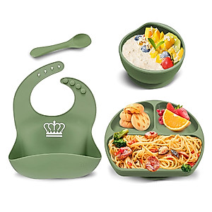 Plates And Bowls Sets For Baby/Kids, 4 PACK Baby Feeding Supplies with Suction Bowl＆Divided Plate＆Adjustable Bib＆Soft Spoon-BPA Free-Easily Clean Infant Training Eating Utensil (Green)