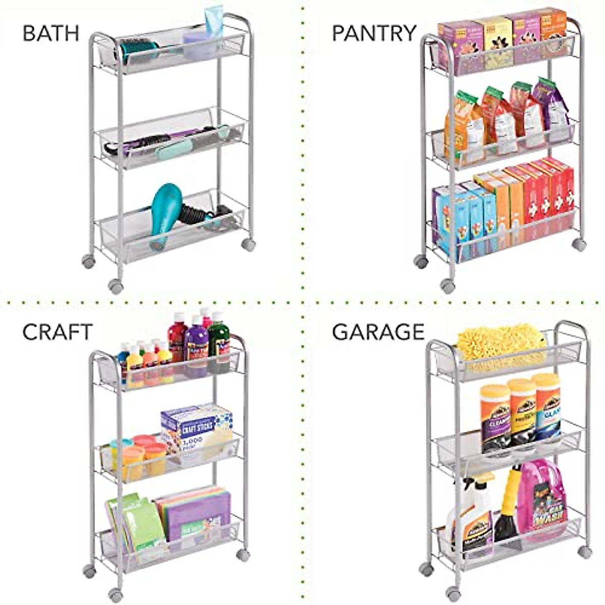 mDesign Steel Rolling Utility Cart Storage Organizer Trolley with 3 Basket Shelves for Laundry Room, Mudroom, Garage, Bathroom Organization - Holds Detergents, Hand Soap - Biro Collection, Silver