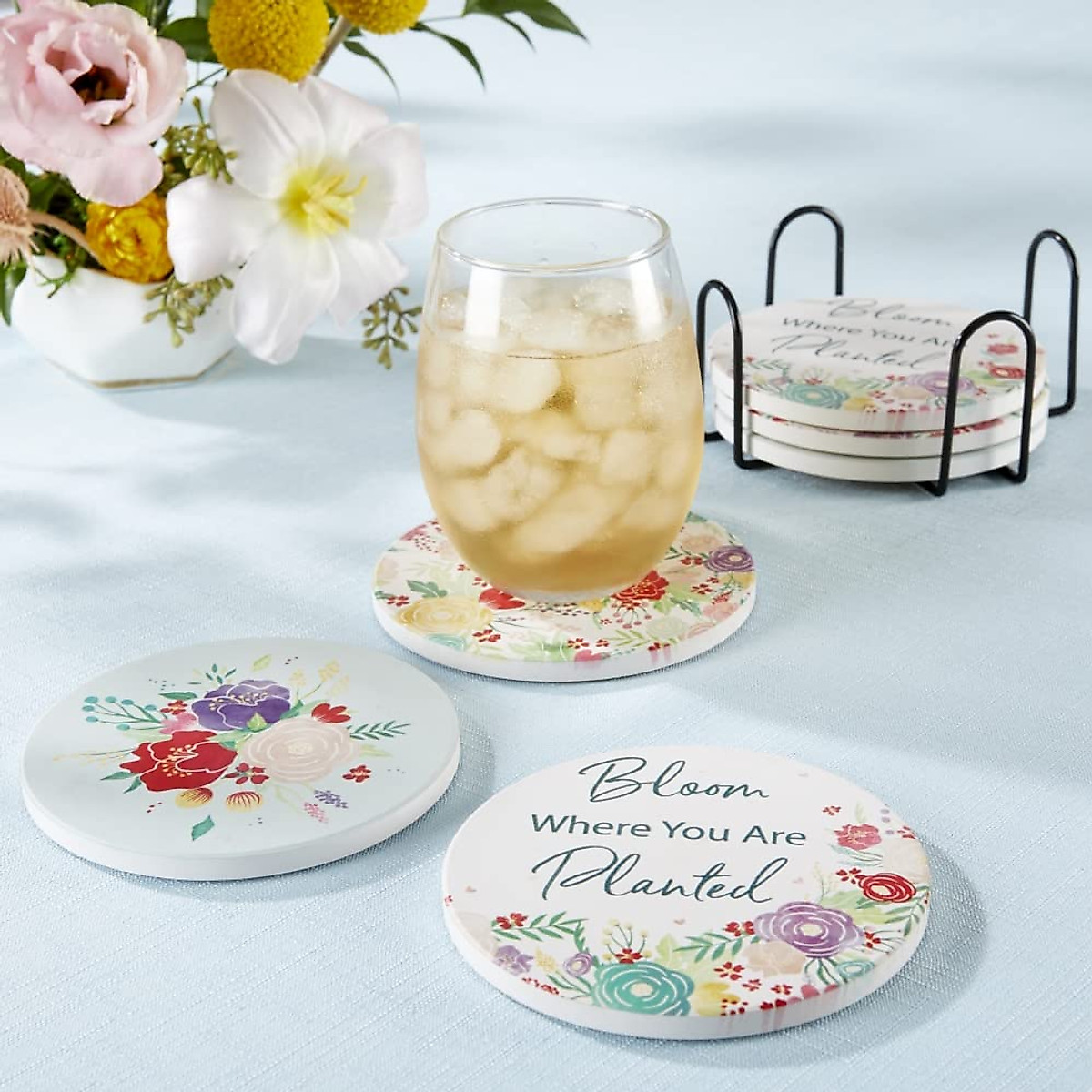 Kate Aspen Garden Blooms Ceramic Drink Coasters with Holder (Set of 6), Boho Home Decor & Gift Set, Party Favor, Take Home Gift, Housewarming Gift