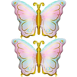 2Pcs Big Butterfly Balloons Pastel Pink Butterfly Foil Mylar Balloon,Colorful Butterfly Themed Baby Shower Girl Birthday Party,Wedding Summer Party Decorations Supplies(Light Pink Gradient Gold)