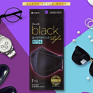 [Airwasher] KF94 Disposable Face Mask - Made in Korea, Black Breathable Reusable Face Mask, Individually Wrapped 4-Ply Adjustable Cloth Masks, 20 Pack