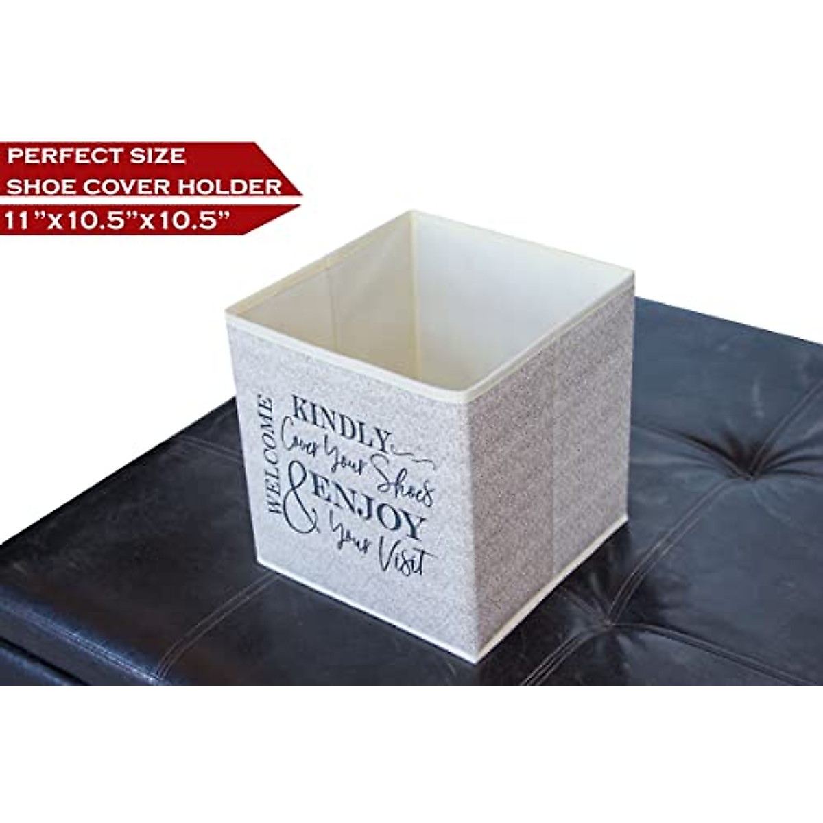 Shoe Covers Box - Welcomes Guests to Please Cover Shoes. Indoor Foldable Storage Bin to Fill w/your Favorite Booties. For Homeowner, Real Estate Agent, Realtor Open House Supplies | 1 Beige & Black