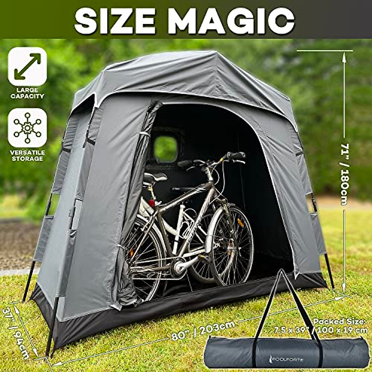 POOLFORTE Outdoor Bike Storage Tent, Extra Large Portable Bike Cover Outdoor Waterproof Tarp Shed for Lawn Mower and Tools, Shelter and Protect from Dust and Rain, 79” x 35.5” x 69” Gray