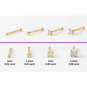 Jewelry Avalanche 22G Solid 14Kt Gold Nose Bone Stud with Prong Set real Diamond Gemstone, 14kt Yellow Gold or 14kt White Gold - April Birthstone Nose Ring-NBYG_WD-2.5MM