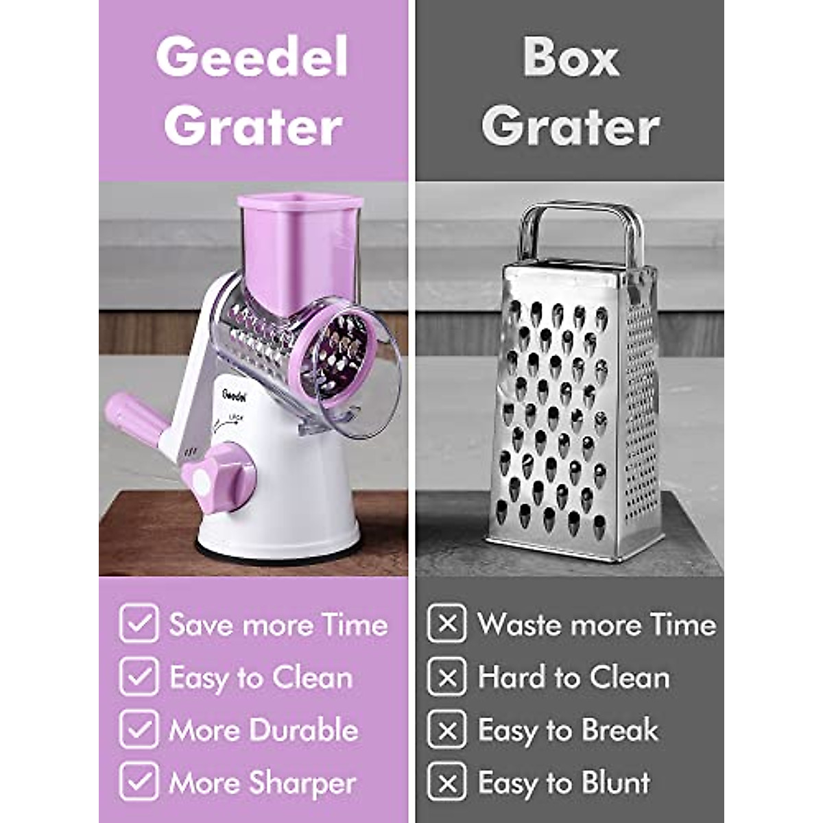 Geedel Rotary Cheese Grater, Kitchen Mandoline Vegetable Slicer with 3 Interchangeable Blades, Easy to Clean Rotary Grater Slicer for Fruit, Vegetables, Nuts