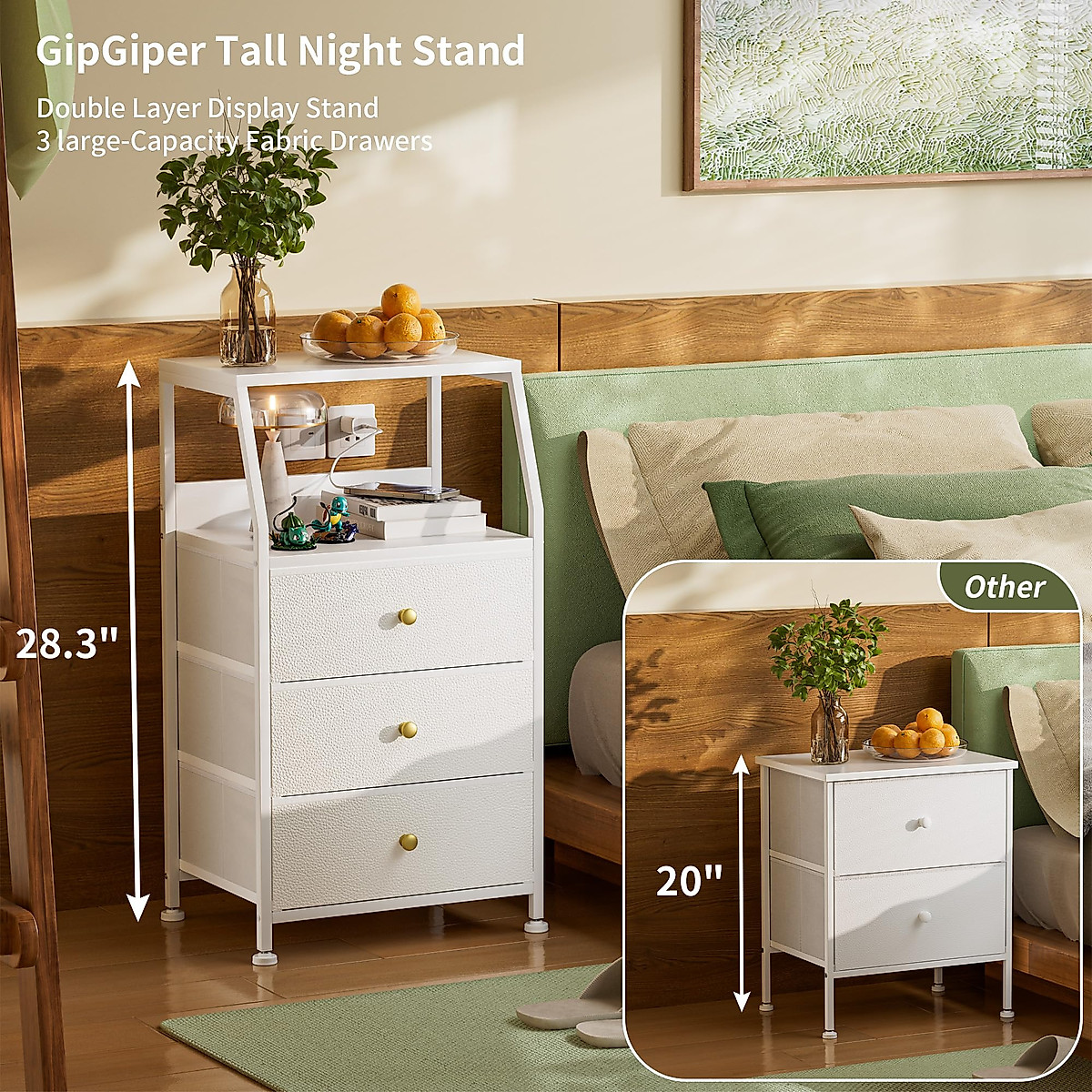 GipGiper White Nightstand with 3 Fabric Storage Drawers, Small Dresser for Bedroom, Entryway, Hallway, College Dorm Furniture Bedside End Table Table Closet Organizer