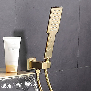 JiaYouJia Waterfall Spout Wall Mounted Tub Faucet with Handheld shower Modern Single Handle Tub Filler Solid Brass in Brushed Gold(Brushed Gold)