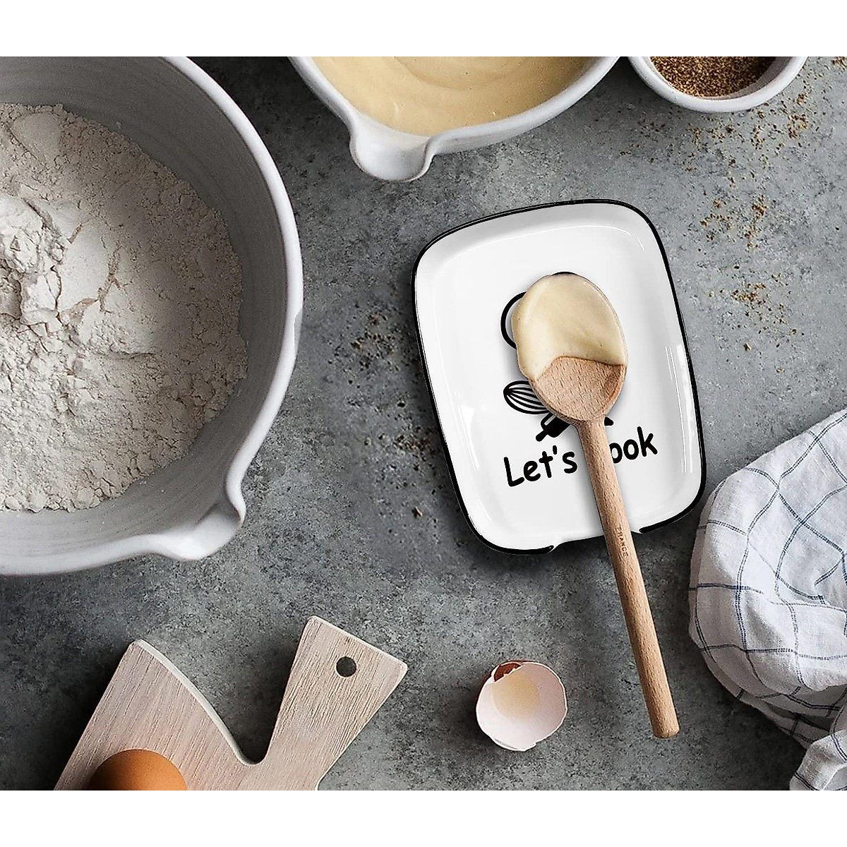 Ceramic Patterned Fork Spoon Rest with Message Let's Cook, Functional Kitchenware Spoon Rest Suitable for Kitchen Countertop or Stove Top Kitchen Accessory and Gift for Cooking Enthusiasts
