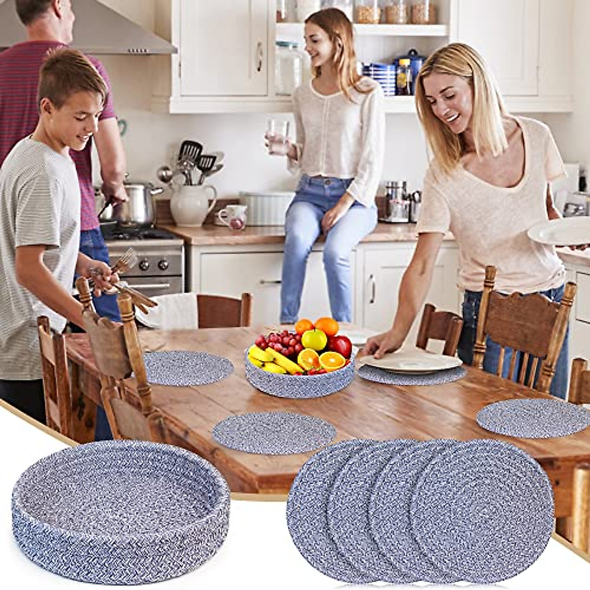 AmapleL 9 Inches Trivets for Hot Dishes, Trivets (Set of 4) for Hot Pots and Pans Holder + 1 Pack Kitchen Storage Basket, 100% Cotton Round Hot Pads - Table Mats - Coasters, Table Heat Protector Pad