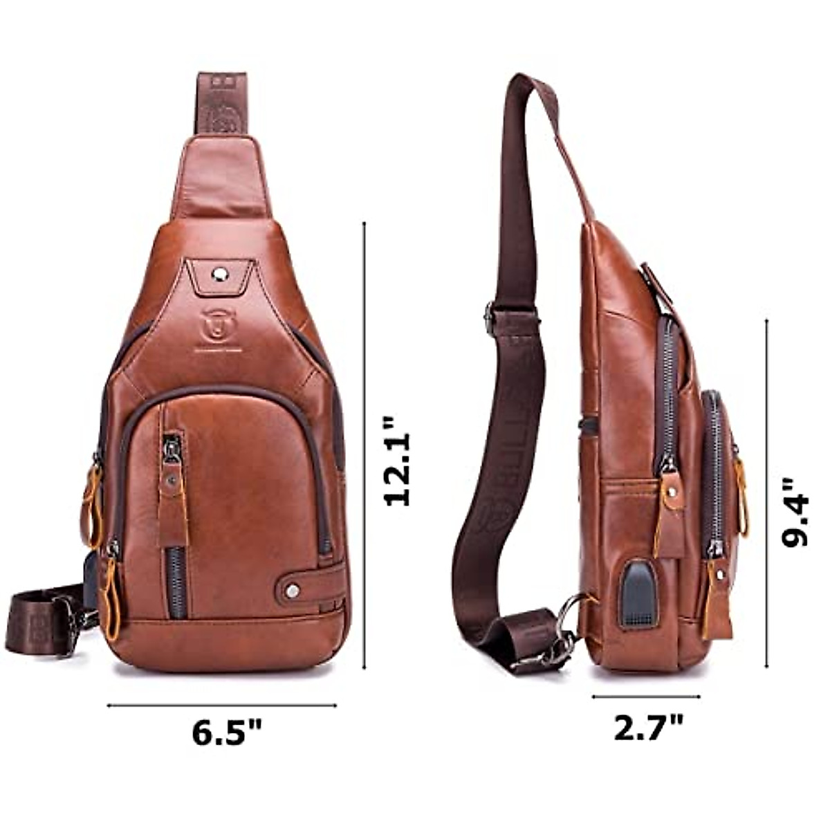 BULLCAPTAIN Leather Men Sling Bags Travel Crossbody Chest Bag Hiking Daypack with USB Charging Port Multi-Pocket
