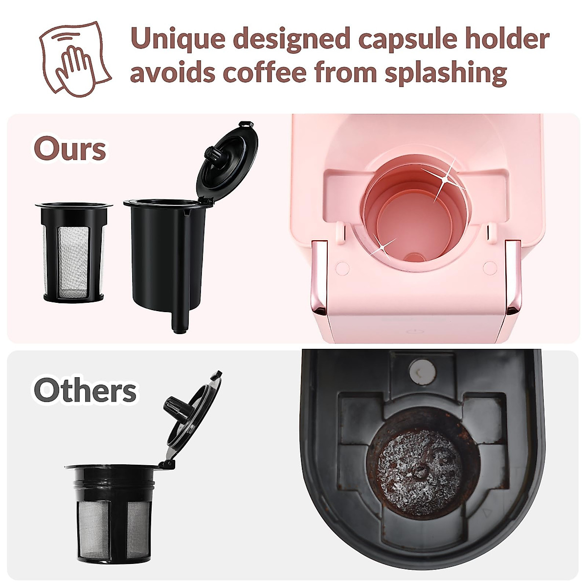 Mecity Pink Coffee Maker Mini Single Serve Coffee Machine Compatible with K Cup Capsule, Ground Coffee, Loose Tea, Small Coffee Pot For Home Use, RV, Apartment, Auto Shut Off 120V 1000W