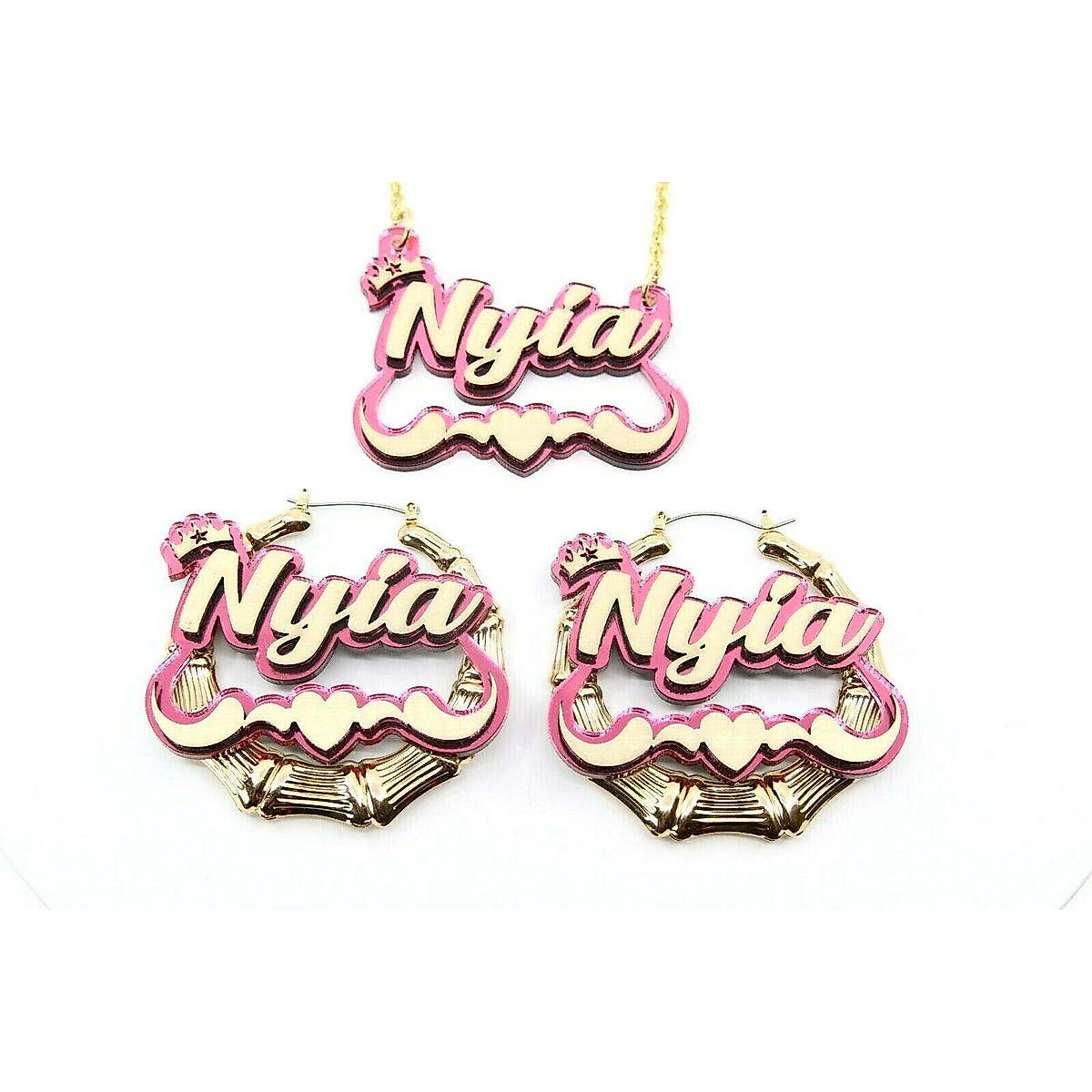 Name Necklace Plate Personalized Custom Nameplate and 2.5" Bamboo Gold Earrings With Swirls Heart and Crown on Top Jewelry Set Color Choice Laser Cut Gold Script Cursive Letters, Quality Gold Chain