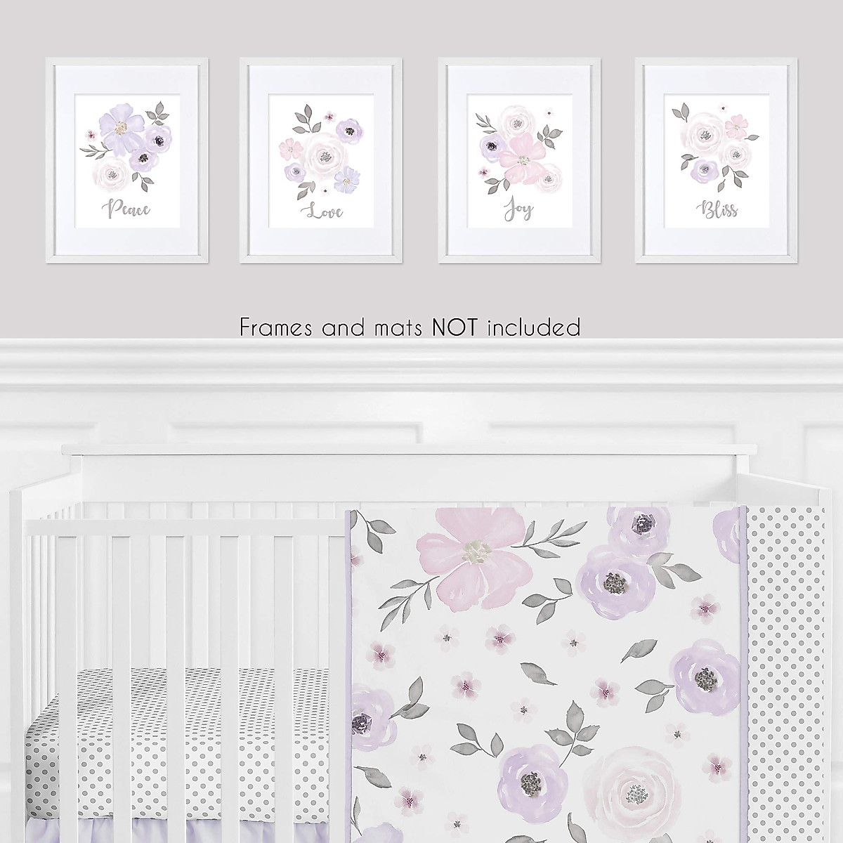 Sweet Jojo Designs Lavender Purple, Pink Grey and White Wall Art Prints Room Decor for Baby, Nursery, and Kids for Watercolor Floral Collection - Set of 4 - Peace, Love, Joy, Bliss