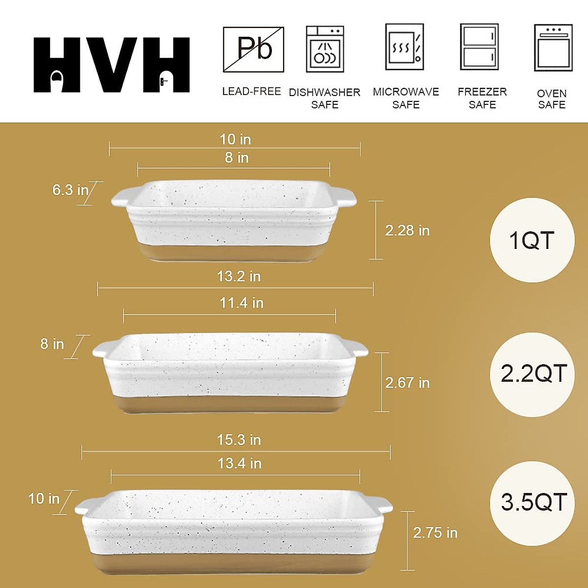 HVH Baking Dish Set, 9x13 Baking Dish, Large Casserole Dish Set, Ceramic Lasagne Pan Deep, Baking Dishes for Casseroles 13 x 9, Ceramic Bakeware Set of 3, Farmhouse Style (White)